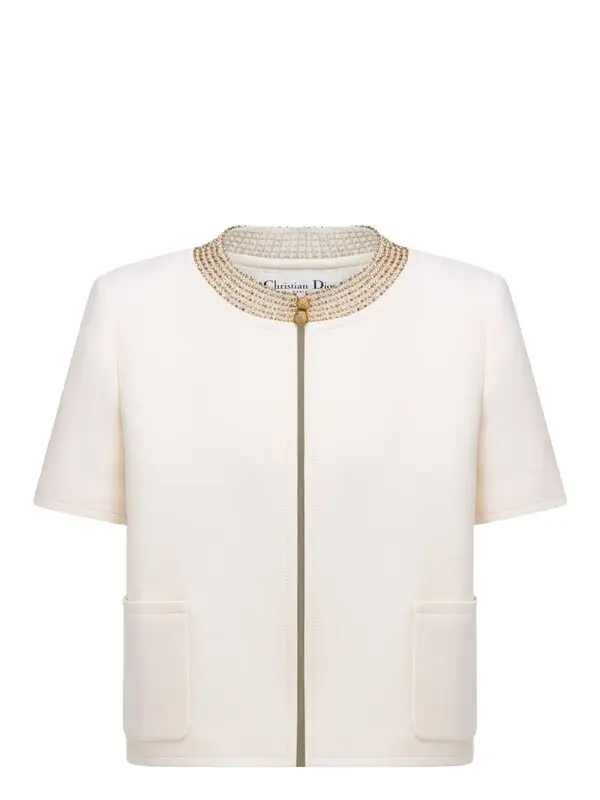 Dior Embroidered Cropped Jacket With Embellished Neckline - White