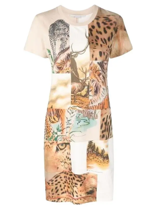 Stella McCartney Patchwork Animal Print T-shirt Dress - Nude