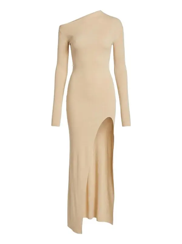 AYA MUSE Asymmetric Boat Neck Ribbed Knit Dress - Nude