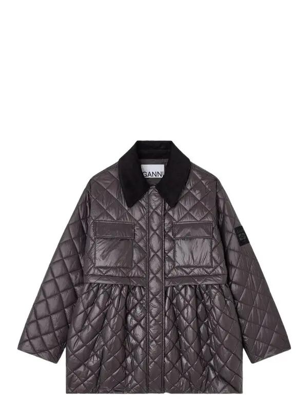 GANNI Quilted Midi Jacket With Lapel Collar - Phantom Black