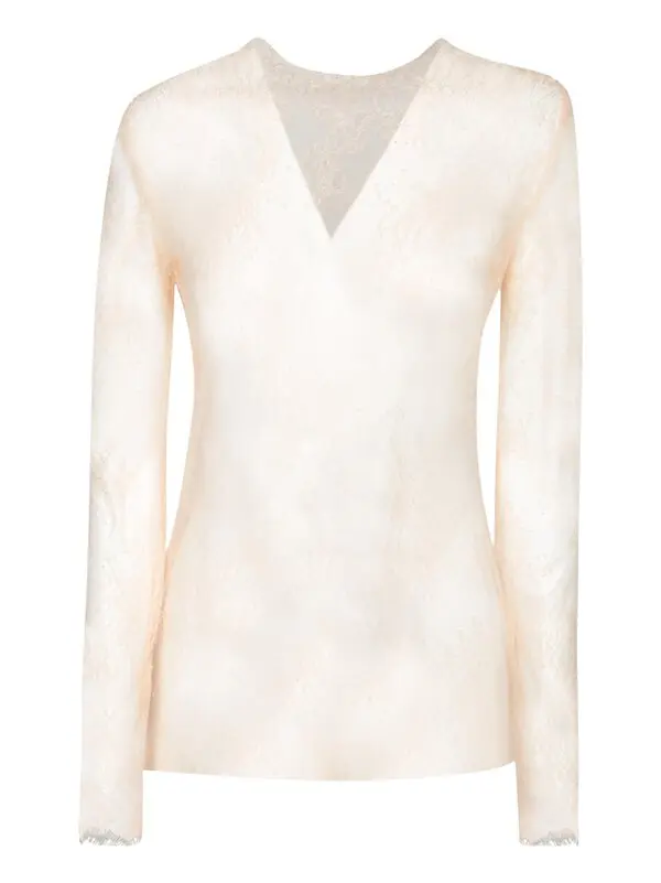 Alberta Ferretti Long Sleeve V-neck Lace Top - White