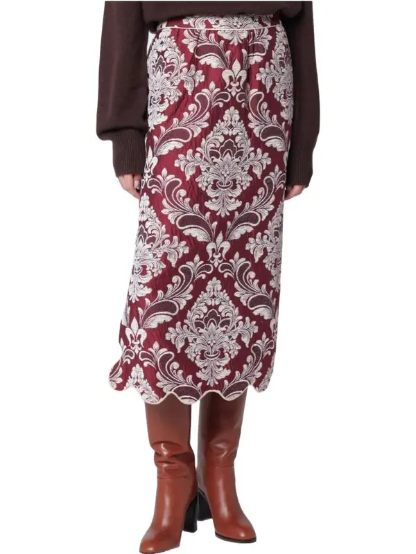 Farm Rio Jacquard Midi Skirt With Scalloped Hem - Wine Red