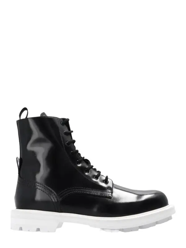 Alexander McQueen Patent Leather Lace-up Boots With Contrast Sole - Black