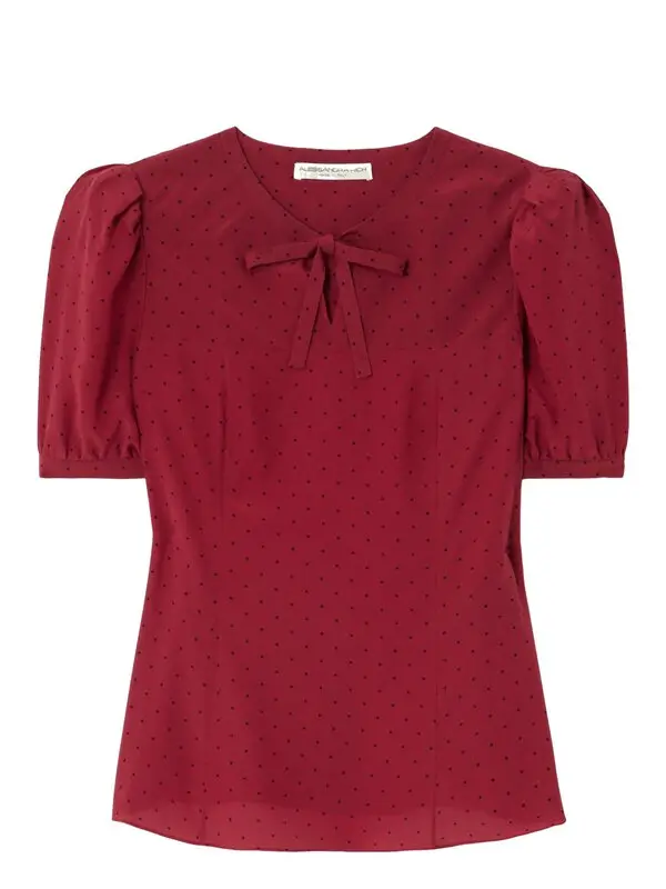 Alessandra Rich Polka Dot Short Sleeve Top With Bow Detail - Bordeaux-black