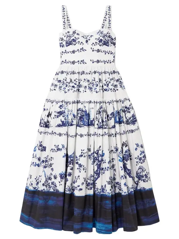 Erdem Layered Floral Print Cotton Poplin Midi Dress - White