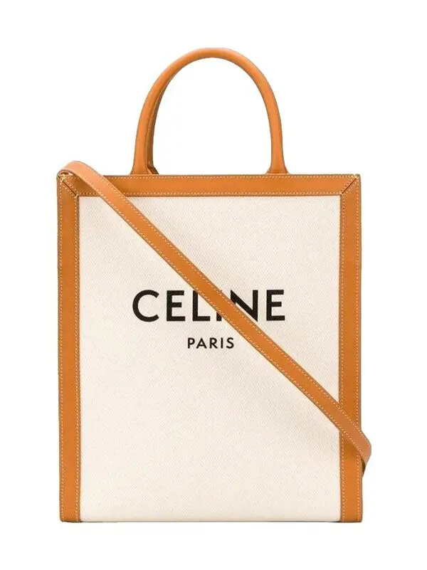 Celine Small Vertical Cabas In Canvas With Print And Calfskin - Natural/tan