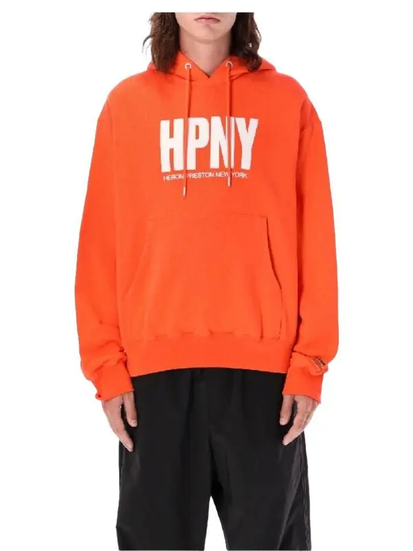 Heron Preston Logo Printed Drawstring Hoodie - Orange
