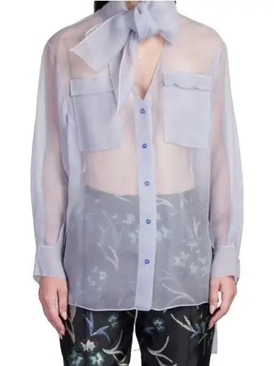 Giorgio Armani Sheer Organza Shirt With Bow Detail - Gray