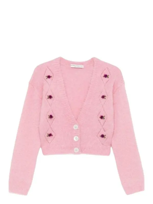 Alessandra Rich Rose Embroidered Button Cardigan - Pink