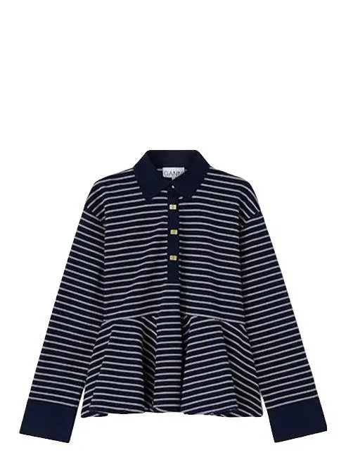 GANNI Striped Peplum Polo T-shirt - Dark Blue