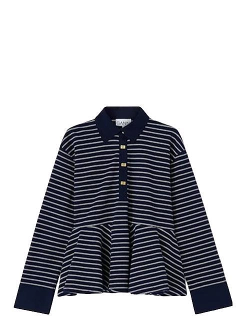 GANNI Striped Peplum Polo T-shirt - Navy Blue