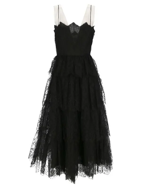 Dior Lace Tiered Midi Dress - Black