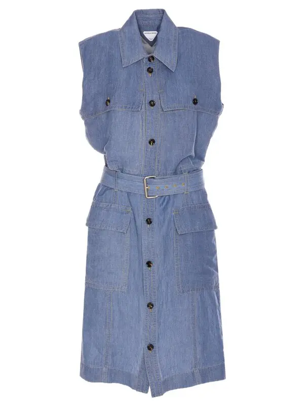 Bottega Veneta Belted Waist Denim Midi Dress - Blue