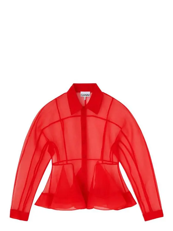 GANNI Sheer Peplum Shirt - Mars Red