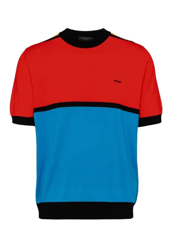 Prada Color-block Crewneck Knitted T-shirt - Blue