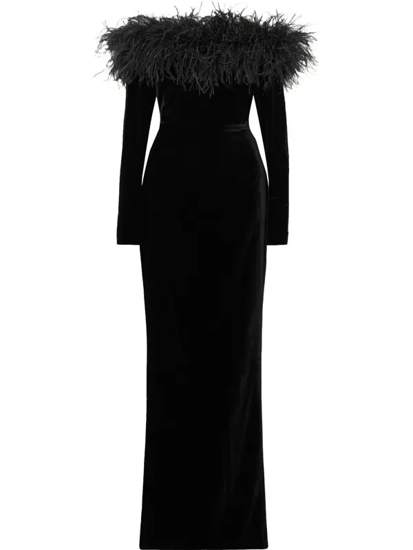 Alessandra Rich Off-the-shoulder Feather Embellished Gown - Black