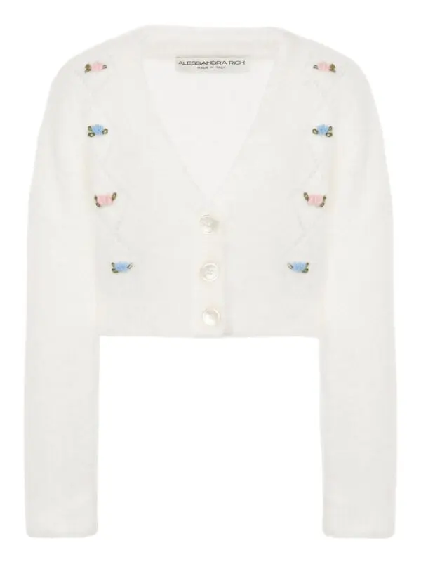 Alessandra Rich Floral Embroidered Buttoned Cardigan - White