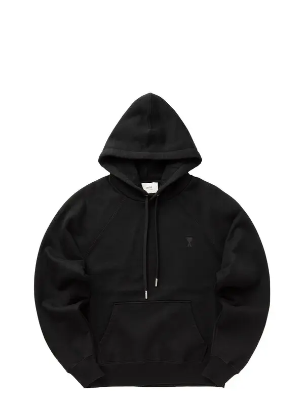 Ami Logo Detailed Drawstring Hoodie - Black