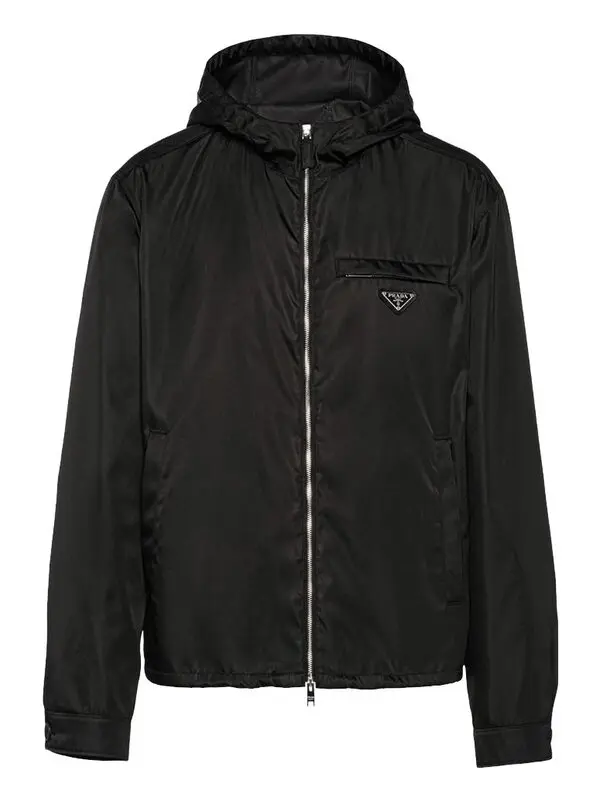 Prada Logo Plaque Zip-up Hooded Jacket - Black