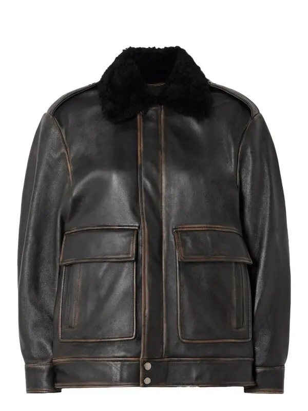 Nour Hammour Distressed Shearling-trimmed Leather Jacket - Black