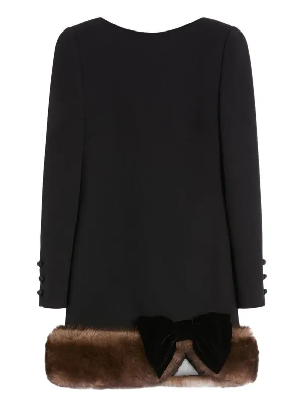 Valentino Garavani Wool Crepe Short Dress With Shearling Trim And Velvet Bow - Black