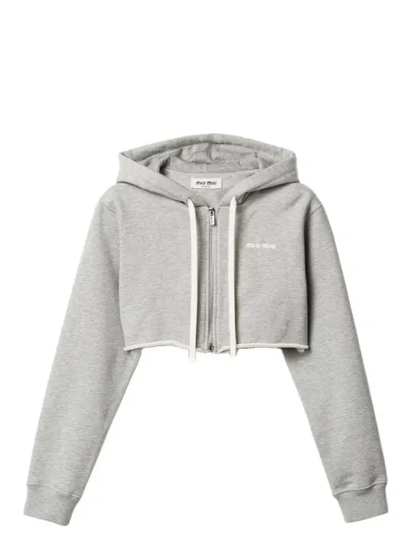Miu Miu Cropped Zip-up Hoodie With Embroidered Logo - Grey