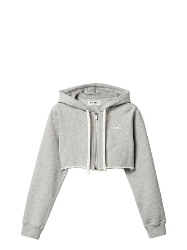 Miu Miu Cropped Zip-up Hoodie With Embroidered Logo - Grey