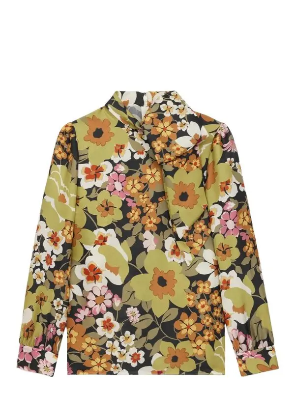 Celine Silk Organza Lavalliere Blouse With Bow - Black/khaki/modor