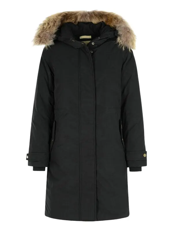 Woolrich Long Sleeve Hooded Coat With Raccoon Fur Trim - Black