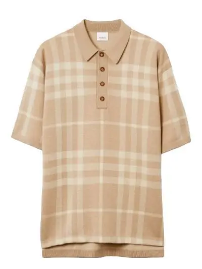 Burberry Check Silk Wool Jacquard Polo Shirt - Camel