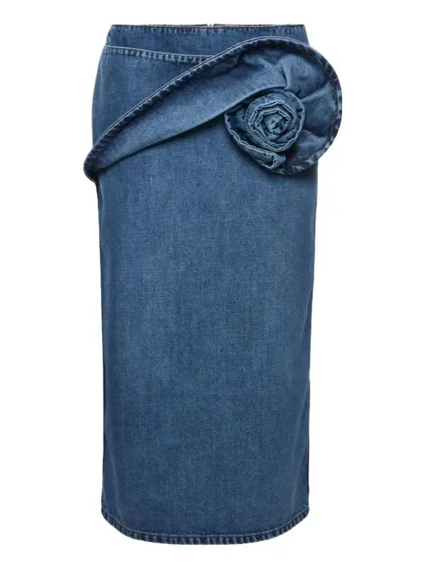 Magda Butrym Rose Detail Denim Midi Skirt - Dark Blue