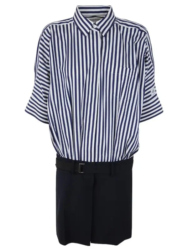 Sacai Striped Shirt Dress With Chest Patch Pocket And Belted Skirt - No