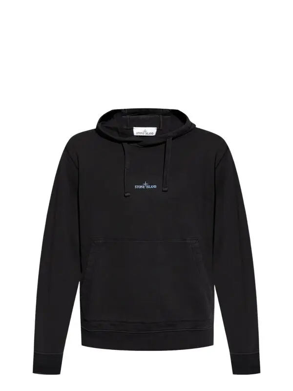 Stone Island Logo Printed Drawstring Hoodie - Black