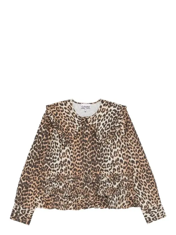 GANNI Ruffled Leopard Print Long Sleeve Top - Brown