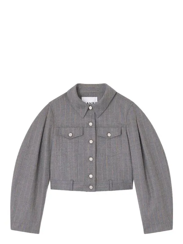 GANNI Pinstripe Classic Collar Belted Jacket - Grey