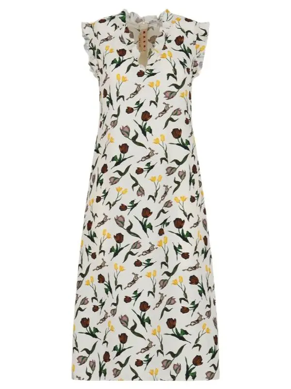 Marni Envers Satin Midi Dress With Tulip And Hare Print - Cream