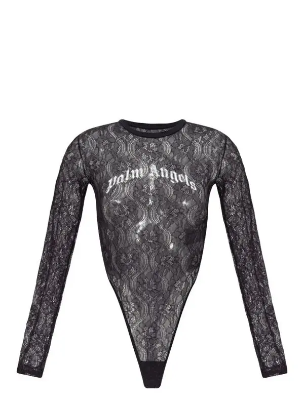 Palm Angels Lace Logo Bodysuit With Long Sleeves - Black