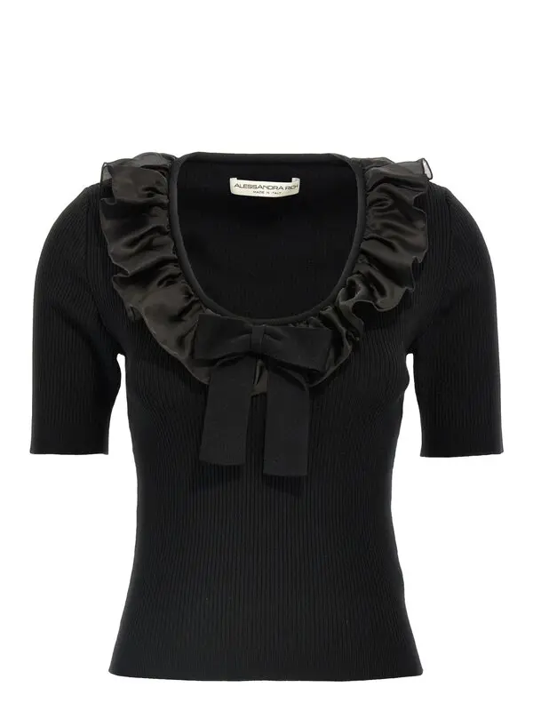 Alessandra Rich Bow Detail Ruffled T-shirt - Black