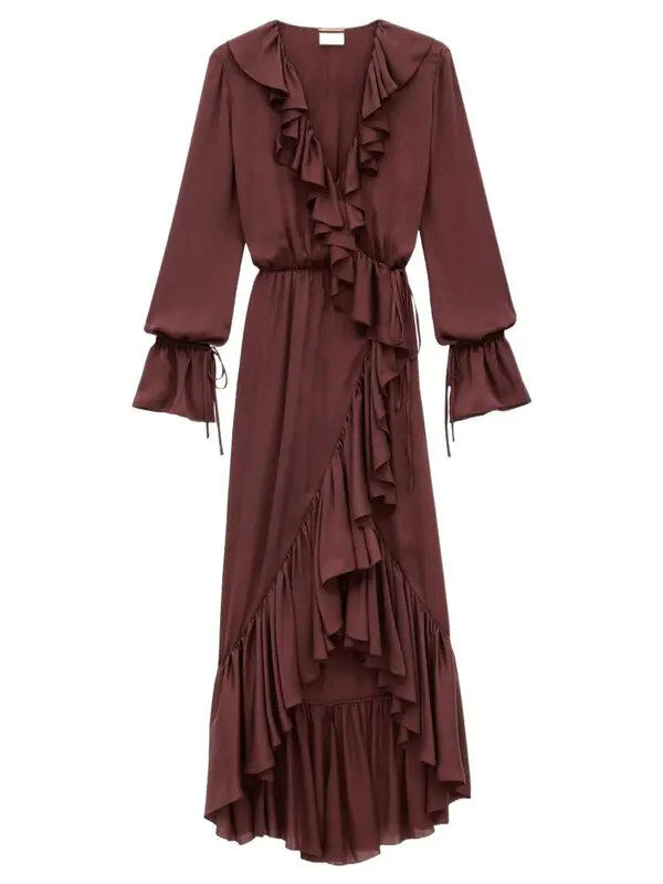 Saint Laurent Ruffled V-neck Wrap Maxi Dress - Bordeaux