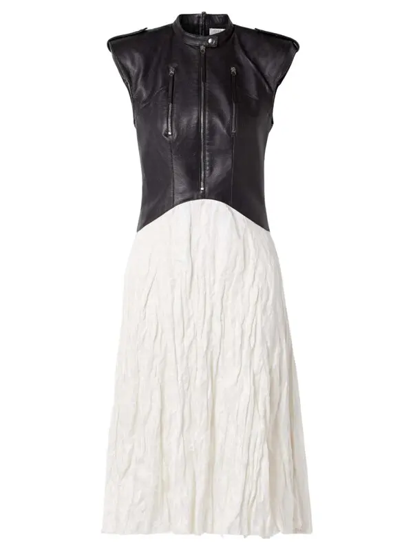 Gabriela Hearst Athena Paneled Leather And Crinkled Silk-blend Twill Midi Dress - White