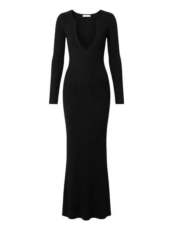 AYA MUSE Ribbed Plunge Neck Long Sleeve Maxi Dress - Black