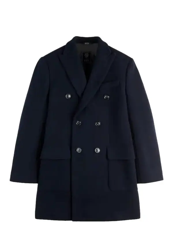 FAY Double-breasted Peak Lapel Coat With Leather Band - Blue