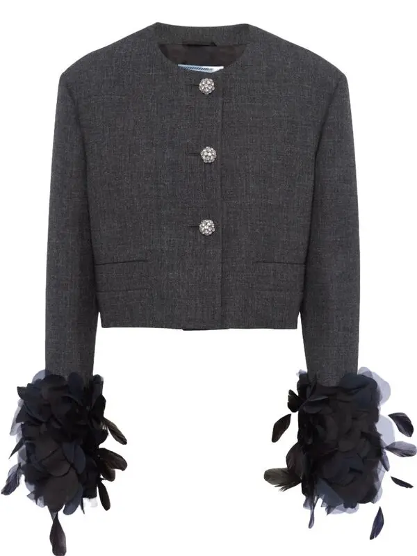 Prada Cropped Jacket With Jewel Buttons And Feather Cuffs - Slate Grey