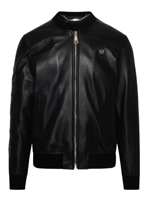 Philipp Plein Embossed Logo Leather Bomber Jacket - Black