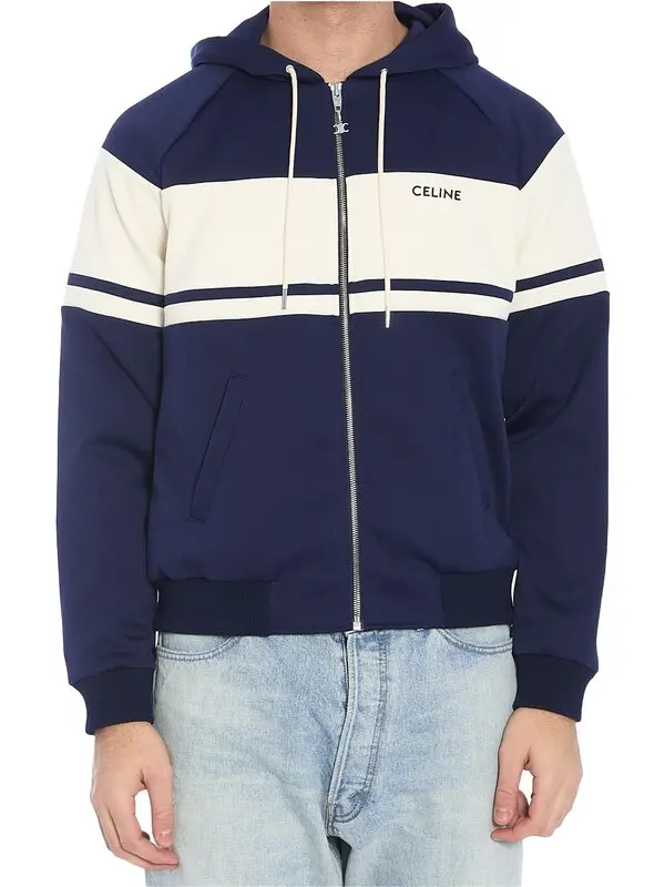 Celine Hooded Track Jacket In Double Face Jersey - Navy Blue/beige/black