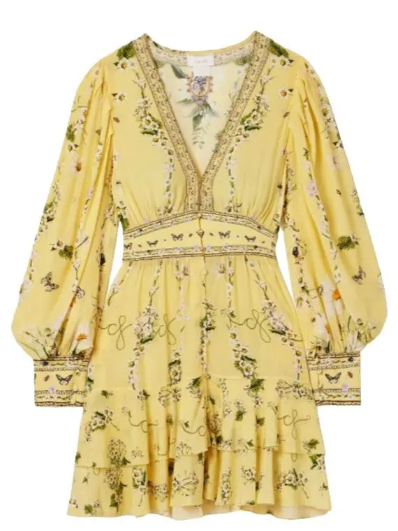 Camilla Crystal Decorated Printed Silk Crepe De Chine Dress - Yellow