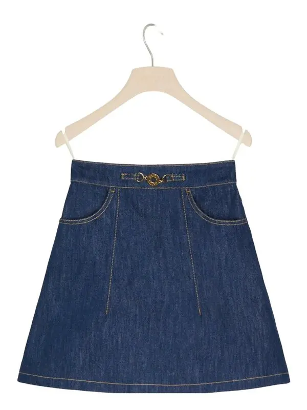 PATOU High-rise A-line Denim Skirt With Gold Badge - Denim Blue