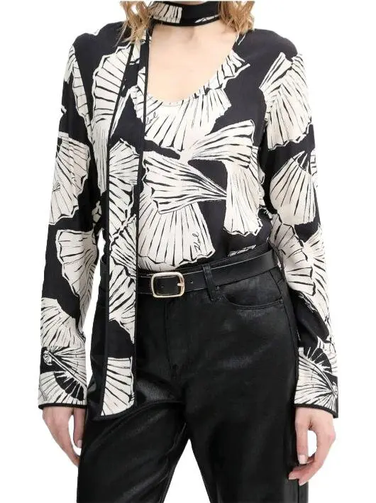 Karl Lagerfeld Printed Fluid Blouse With Neck Tie - Black Off-white