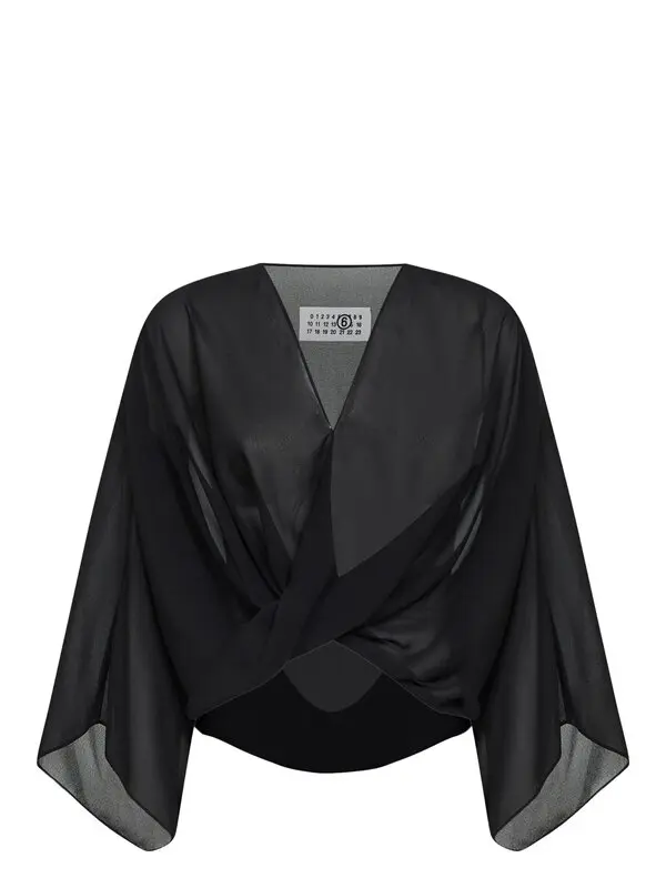 MAISON MARGIELA Sheer Draped V-neck Long Sleeve Top - Black