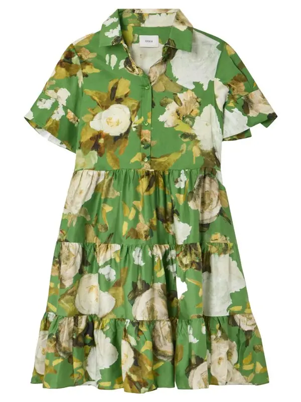 Erdem Layered Pleated Print Mini Shirt Dress - Green